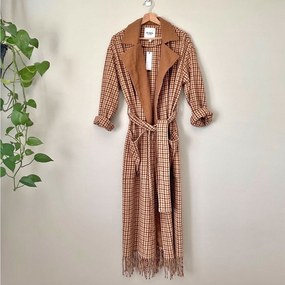 BB Dakota | Jackets & Coats | Bb Dakota Tan Checkered Fringe Long Line ...